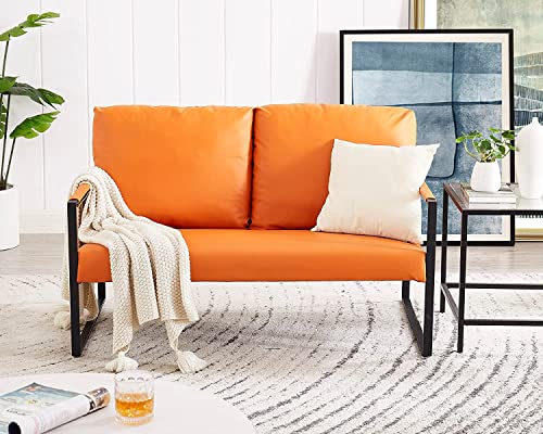 MOOSENG Mid-Century Loveseat Sofa, Upholstered Faux Leather Settee, 2 Seater Accent Chair with Extra-Thick Padded Seat and Back,Anti-Scratch Foot Mats, Couch for Small Spaces, Living Room,Orange