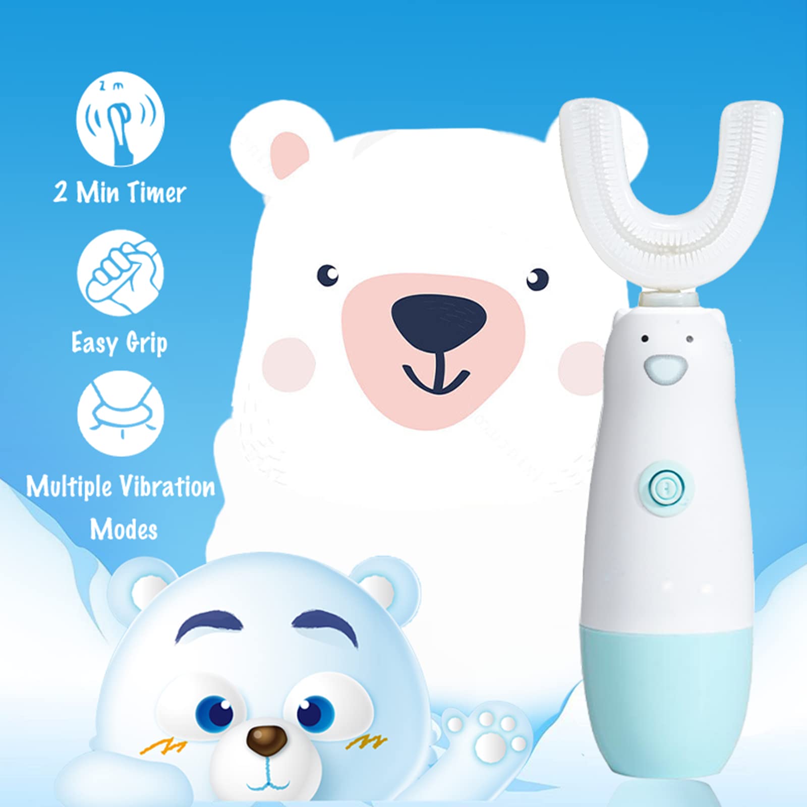 Meqtpomy Kids Electric Toothbrush,6 Cleaning Models U Shaped Toothbrush Waterproof Battery Powered 360 Automatic Sonic Toddler Toothbrushes for 8-13 Years Old for Boys Girls(Blue)