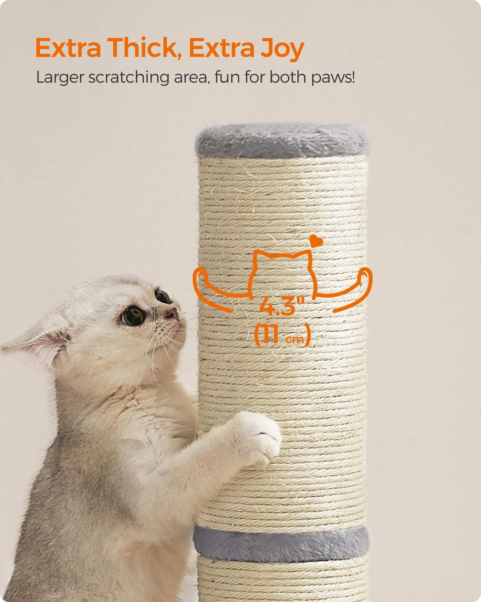 Feandrea Cat Scratching Post, 20.8-Inch Tall Cat Scratcher for Kittens, Small and Medium Cats, Sisal Scratch Pole, Spring Pompom with Built-in Bell, Dove Gray UPCA023G01