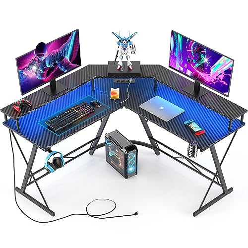 Mr IRONSTONE Gaming Desk with Led Lights ＆Power Outlet, L Shaped Computer Corner Desk with Cup Holder ＆ Headphone Hook, Carbon Fiber Home Office Desks with Large Monitor Stand, Graphite Black, 50''