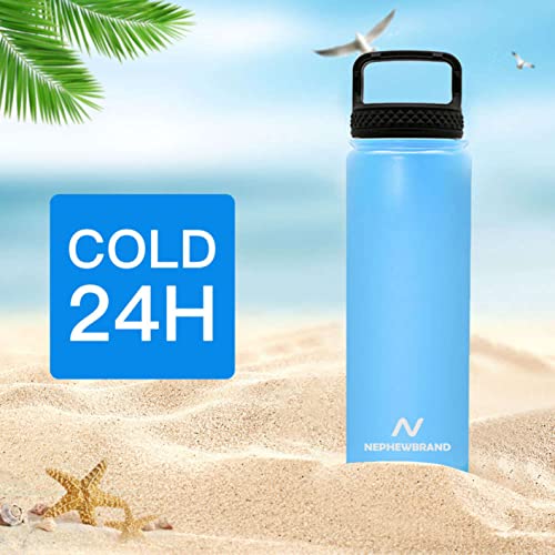 NEPHEWBRAND Sport Water Bottle โ 21 Oz Wide Mouth Insulated Vacuum with 3 Lids - Leak Proof, BPA Free - Sky-Blue