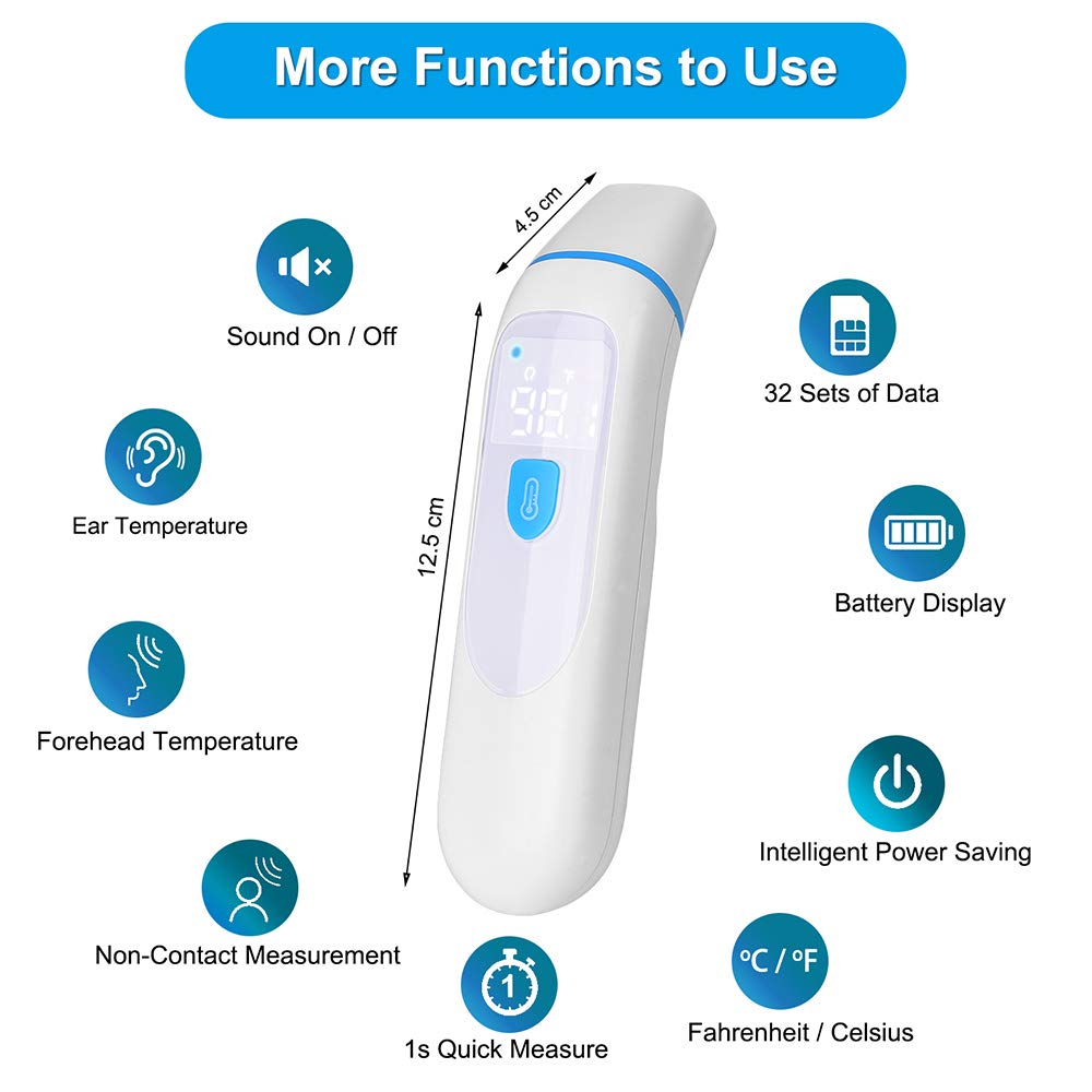 Digital Infrared Ear Thermometer for Adults and Kids Baby Babies Toddlers Forehead Fever Instant Read Basal Thermometers for Humans, Home with Fever Alarm, LED Display and Memory Function
