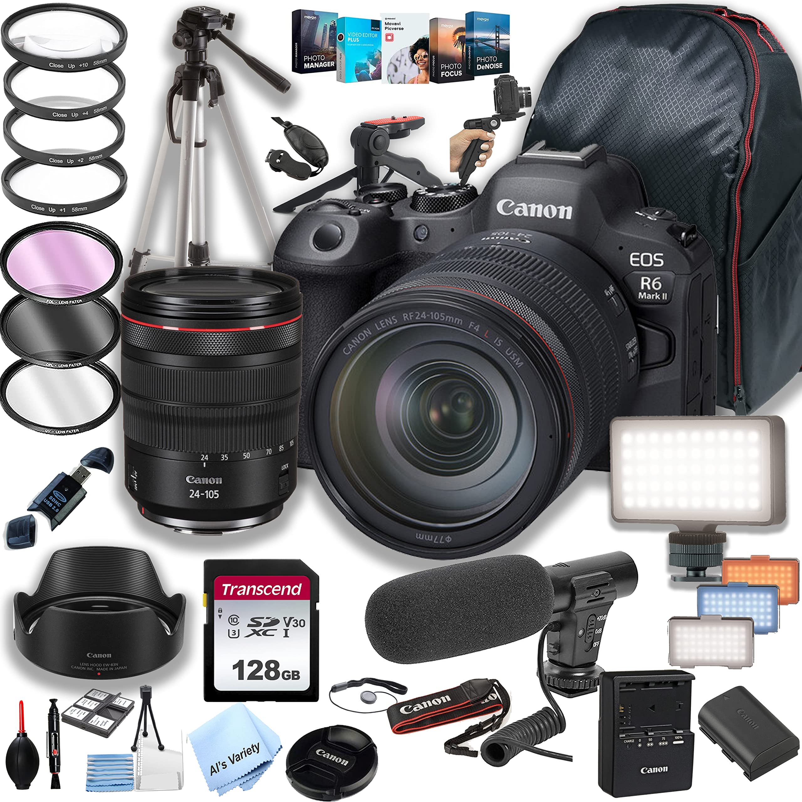 Canon EOS R6 Mark II Mirrorless Digital Camera with RF 24-105mm f/4L is USM Lens + 128GB Memory + LED Video Light + Microphone + Back Pack + Steady Grip Pod + Tripod + Filters + Software + More