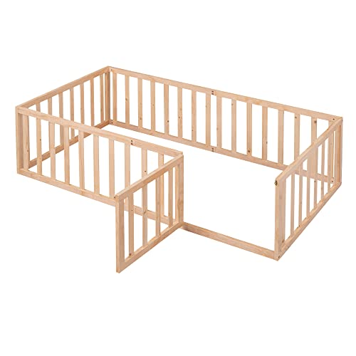 LZ LEISURE ZONE Twin Size Platform Bed with Fence, Solid Wood Floor Bed Frame with Door, Twin Size Daybed Fram, Natural
