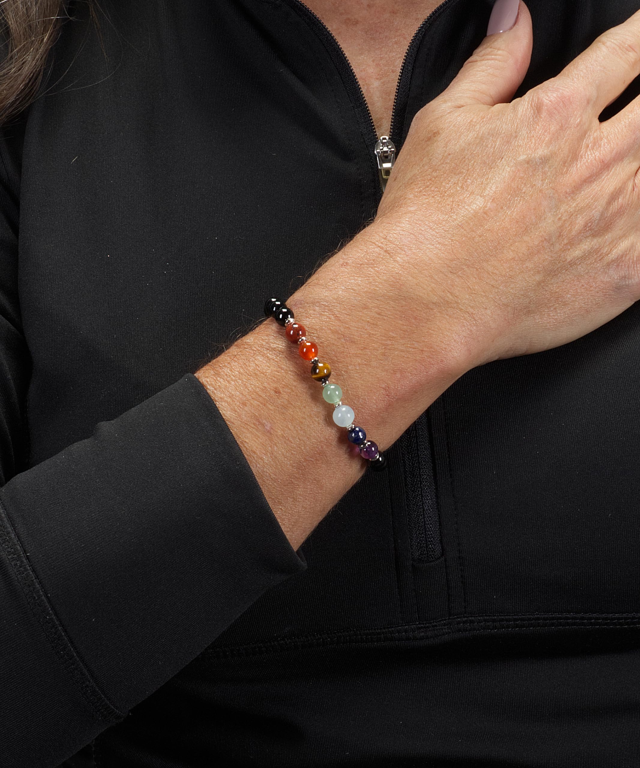Cherry Tree Collection Natural Genuine Gemstone Chakra Stretch Bracelet | 6mm Beads, Sterling Silver Spacers | Men/Women (Black Tourmaline - Medium)