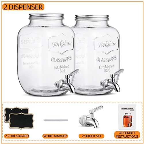 1-Gallon Glass Beverage Dispenser with Stainless Steel Spigot - [2 Pack] Drink Dispensers for Parties - Mason Jar Drinking Dispenser with Lid, Wooden Chalkboard
