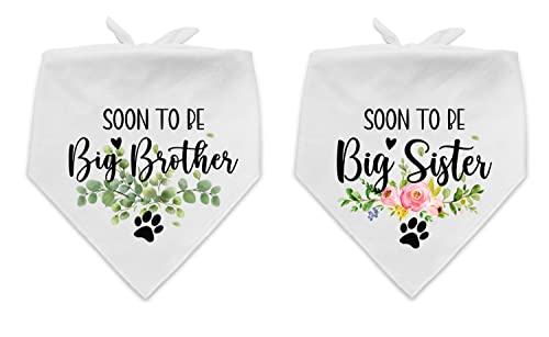 PNTKION 2 Pack Soon to be Big Biother Sister, White Flower Pattern Cotton Pet Dog Bandana, Pet Dog Pregnancy Announcement Gender Reveal Photo Prop for Dog Lovers Owner Gifts