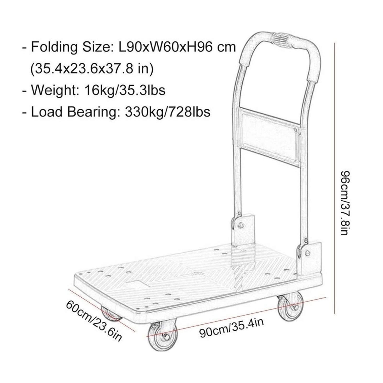 FBITE 330KG Foldable Shopping Flatbed Heavy Duty Foldable Hand Sack Truck with Mute Wheel, Industrial Warehouse Platform Truck for Indoor Outdoor, E