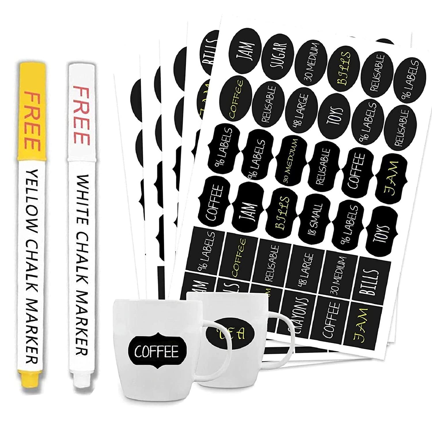 Chalkboard Labels 180 Premium Reusable Chalkboard Stickers, Pantry and Storage Stickers for Jars: Mason, Spice, Glass, Cups, Containers, Canisters. 2 Pack Erasable Chalk Marker (White/Yellow)