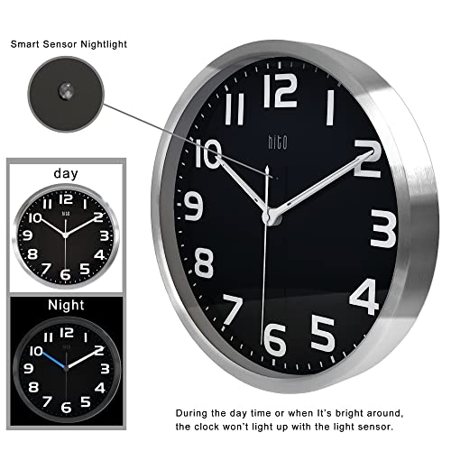 HITO 12β Night Light Wall Clock Glow in The Dark for Bedroom Silent Wall Clock Battery Operated for Living Room Decor, Brightness Adjustable, Metal Frame, Glass Cover(Hands + Numbers Illuminate)