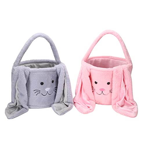 E-FirstFeeling Plush Easter Bunny Basket for Girls Boys Easter Basket for Kids Easter Egg Hunt Basket with Plush Ears Bunny Bucket Tote for Easter Eggs Candy (Plush-Grey)