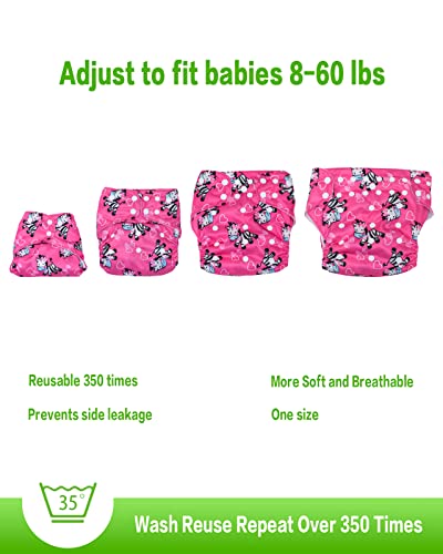 Mumsbest Cloth Diaper for Baby Girls with Tummy Panel, 6 Pack Reusable Adjustable Washable AWJ Lining Pocket Nappy with 6 Inserts & 1 Diaper Wet Bag (Girl)