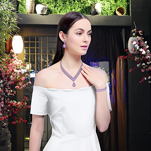 M MIRACULOUS GARDEN 3 Pack Women Rhinestone Crystal Necklace Bangle Bracelet Teardrop Dangle Earrings Jewelry Set for Wedding Party
