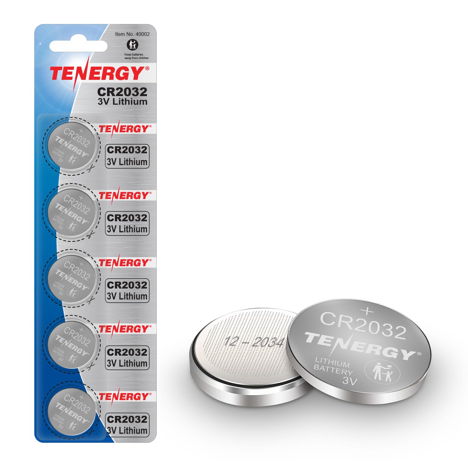 Tenergy 3V CR2032 Batteries, Lithium Button Coin Cell 2032 Battery, Compatible with AirTags, Key FOBs, Calculators, Coin Counters, Watches, Heart Rate Monitors, Glucometer, and More - 5 Pack