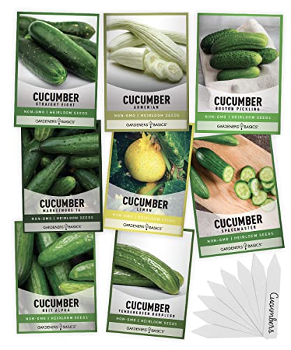 Cucumber Seeds for Planting Outdoors 8 Variety Pack Burpless Tendergreen, Beit Alpha, Marketmore 76, Armenian, Boston Pickling, Lemon, Spacemaster, Straight Eight Veggie Seeds by Gardeners Basics