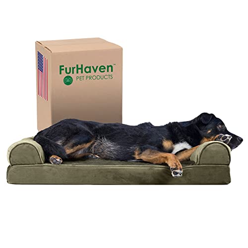 Furhaven Memory Foam Dog Bed for Large/Medium Dogs w/ Removable Bolsters & Washable Cover, For Dogs Up to 55 lbs - Faux Fur & Velvet Sofa - Dark Sage, Large