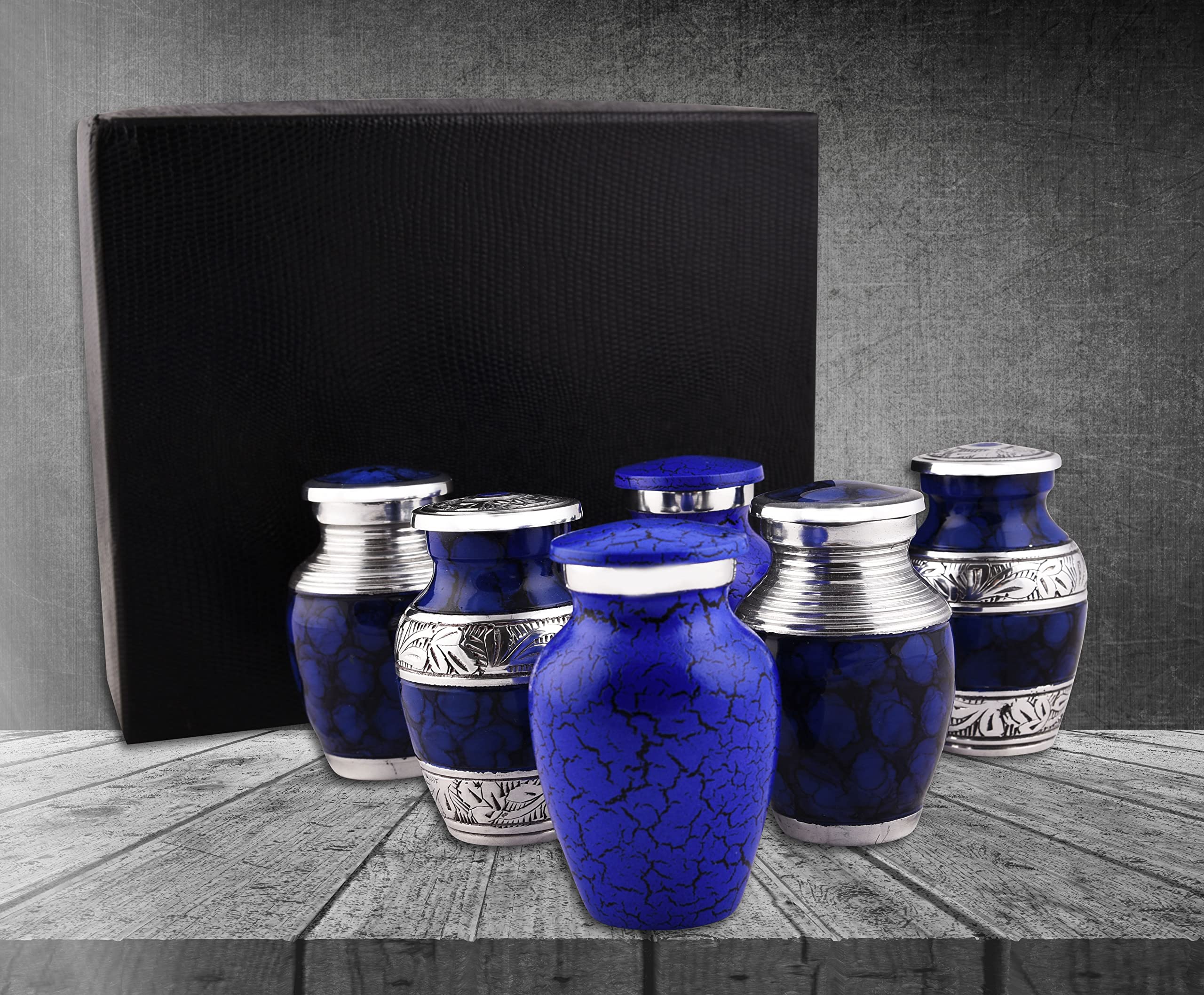 BOLD & DIVINE Small Cremation Urns for Human Ashes | Set of 6-3 Cubic Inches | Mini Keepsake Blue and Silver with Velvet Case
