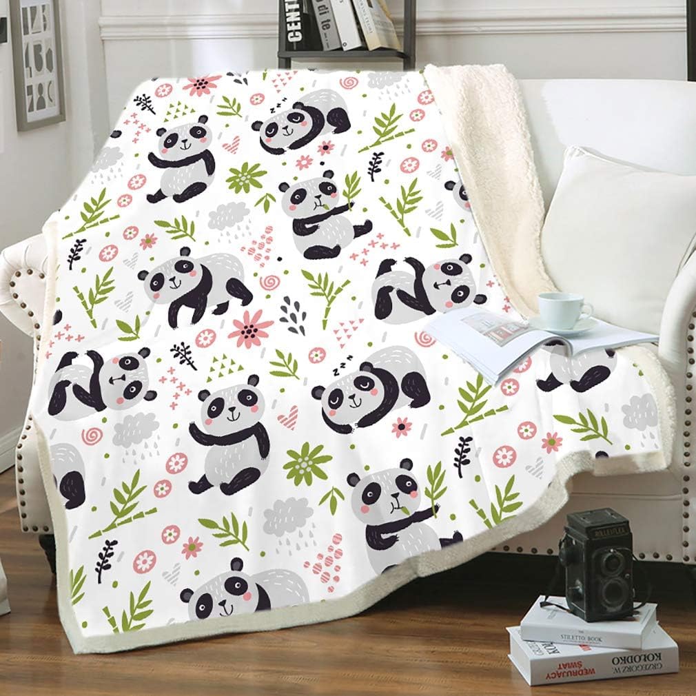Panda Blanket Pandas Throw for Girls Cute Pandas Gifts Soft Flannel Panda Blankets for Panda Lovers Flowers Panda Stuffed Decor (Natural Panda, 50 x 60 Inch)