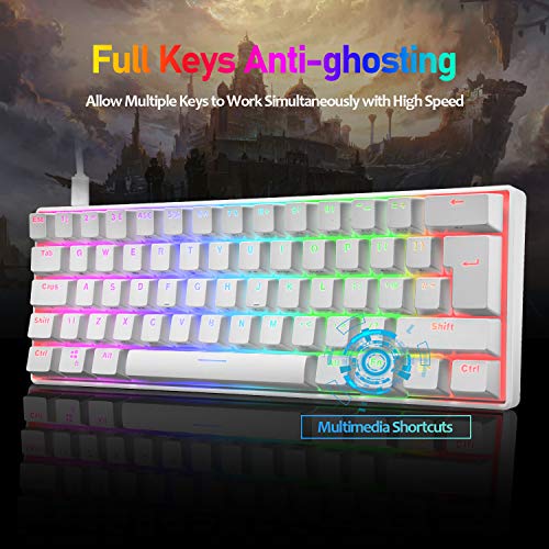 ZIYOU LANG MK21 Portable 60% Mechanical Gaming Keyboard Untra-Compact Type-c Wired with Light Up Chroma LED Backlit Non-Conflict 61 Key TKL Ergonomic for PS4 PS5 PC Mac Windows(White/Blue Switch)