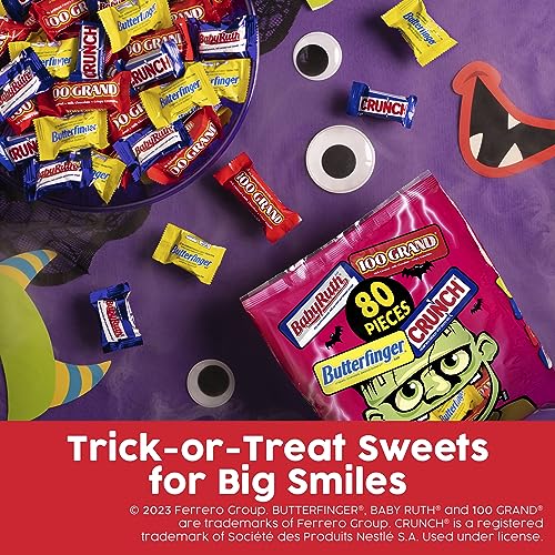 Butterfinger CRUNCH Baby Ruth and 100 Grand Candy Variety Pack Assorted Mini and Fun Size, Individually Wrapped Chocolate Bars, 0.4 Oz. (Pack of 80)