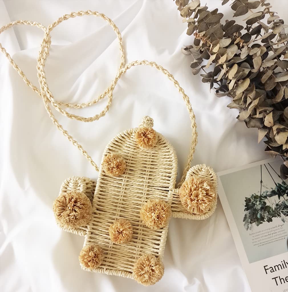 NIBD Beach Bag Cactus Straw Bag Summer Bags with Pom Pom Women Messenger Handbag Braided New Rattan Bag, Beige, 7.5"*7.5"*2.4"