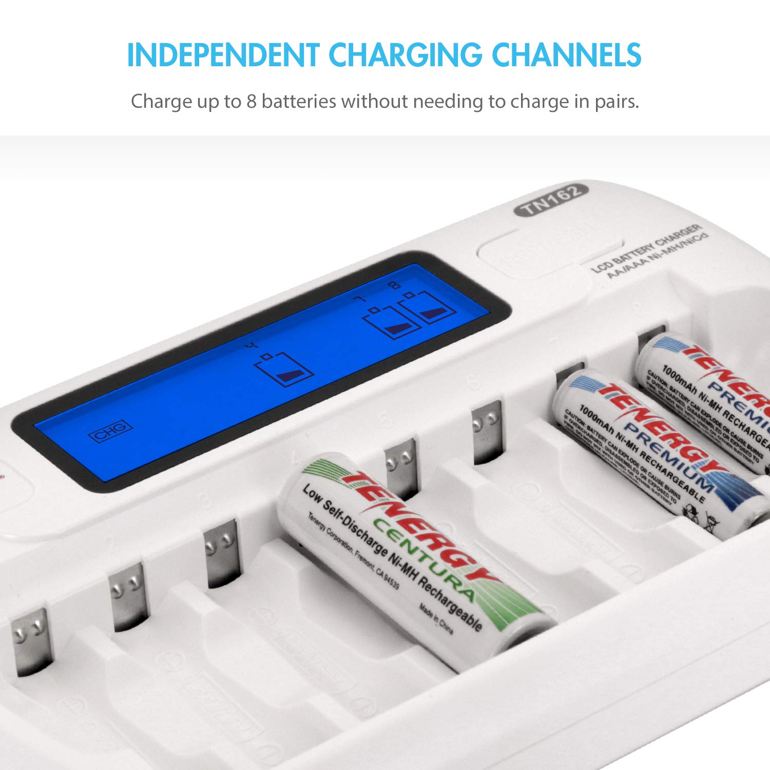 Tenergy AA AAA Rechargeable Battery and Charger Combo TN162 8-Bay Smart LCD AA/AAA NiMH/NiCd Charger + 8 AA & 8 AAA NiMH Rechargeable Batteries