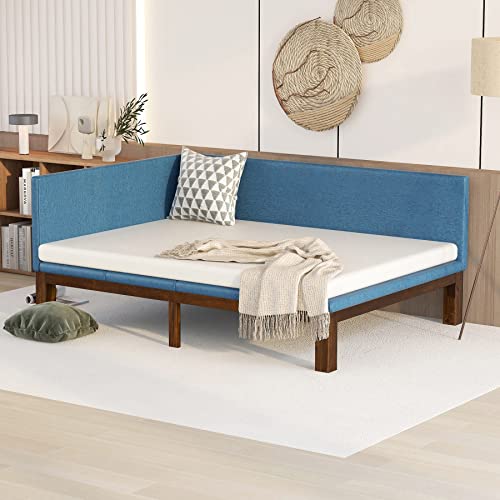 Modern Linen Upholstered Daybed Sofa Bed w/Wooden Frame&Single Side Armrest for Living Room Bedroom,Mid-century Captain Bed Platform Bed Frame w/Tufted Backrest & Under-bed Storage Space (Blue,Full)