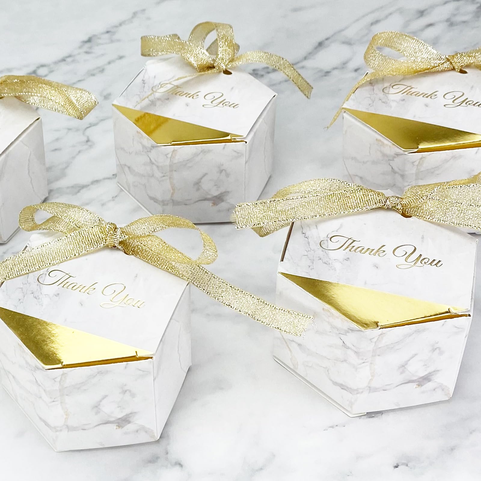 FCDECOR 100PCS Wedding Favor Boxes, Marble Gold Party Favor Boxes Bulk Candy Favors for Guests, Gift Boxes with Ribbons, Perfect for Wedding Bridal Shower Baby Shower Birthday Party Decoration,