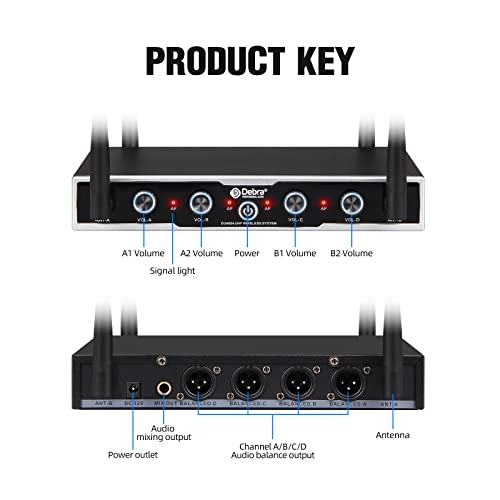 D Debra Audio Wireless Microphone System Pro DU4004 UHF 4 * 16 Adjustable Channel Wireless Handheld Lavalier Headset Mics, Ideal for Meeting Church Speech Party (2 Handheld 2 Bodypack)