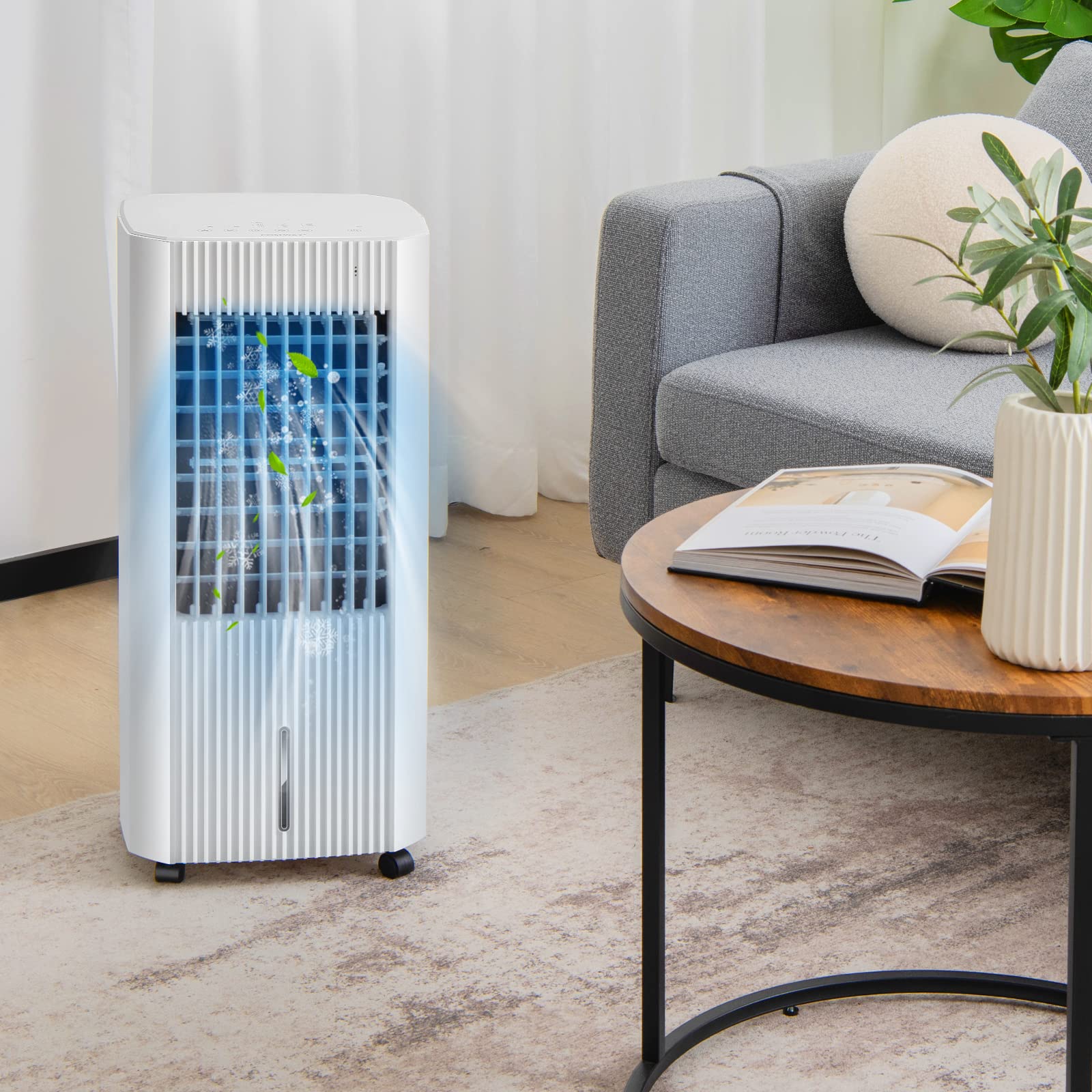 COSTWAY Portable Evaporative Air Cooler, 60°Oscillation Swamp Cooler with Remote Control, 2 Ice Packs, 15H Timer, 1.3 Gal Water Tank, 3 Modes, 3 Speeds, LED Display, Quiet Air Cooler for Bedroom Office Home