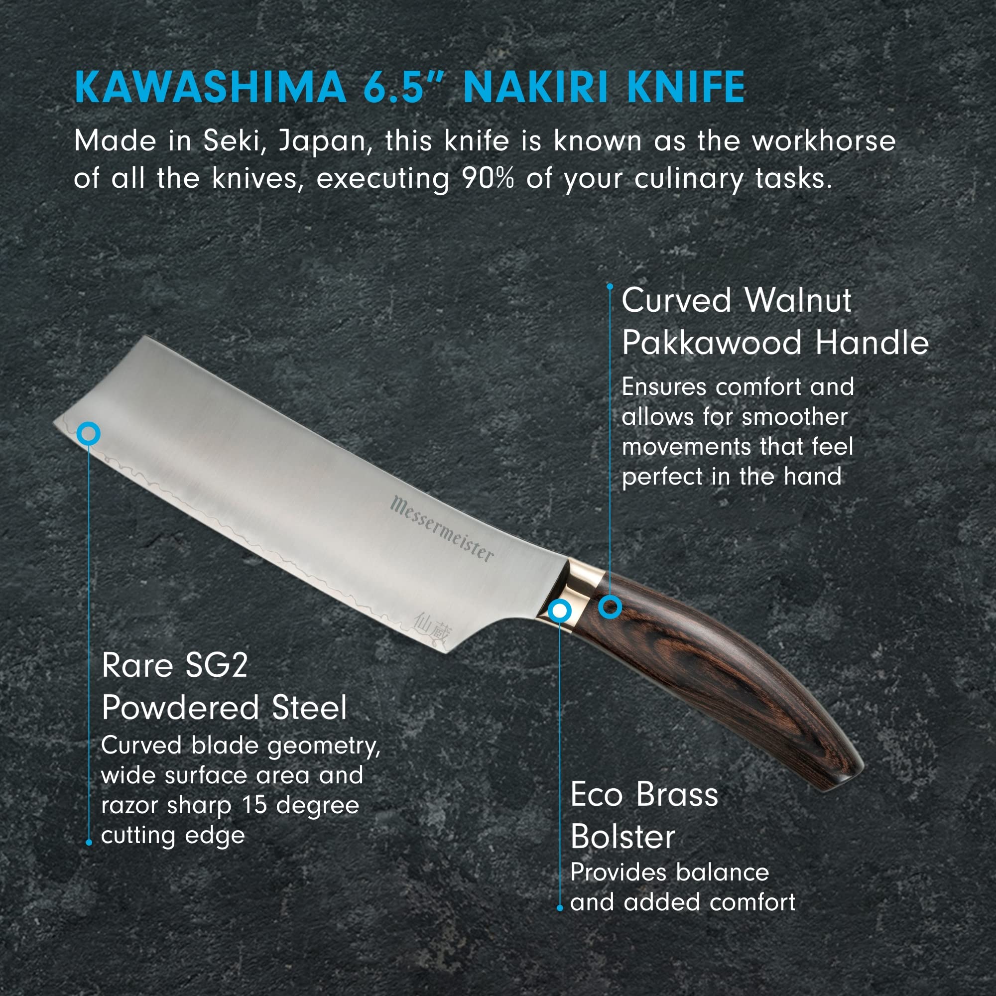 Messermeister Kawashima 6” Nakiri Knife - SG2 Powdered Steel, Eco-Brass Bolster & Walnut Pakkawood Handle - Made in Seki, Japan