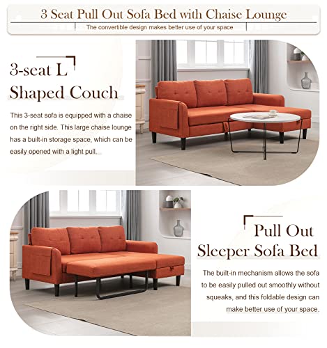 Modern Pull Out Sleeper Sofa Bed with Chaise, Comfy L Shaped Convertible Sleeper Couch with Storage and Pocket, Sectional 3 Seat Couch for Living Room Furniture or Home Office, Tufted Back - Orange