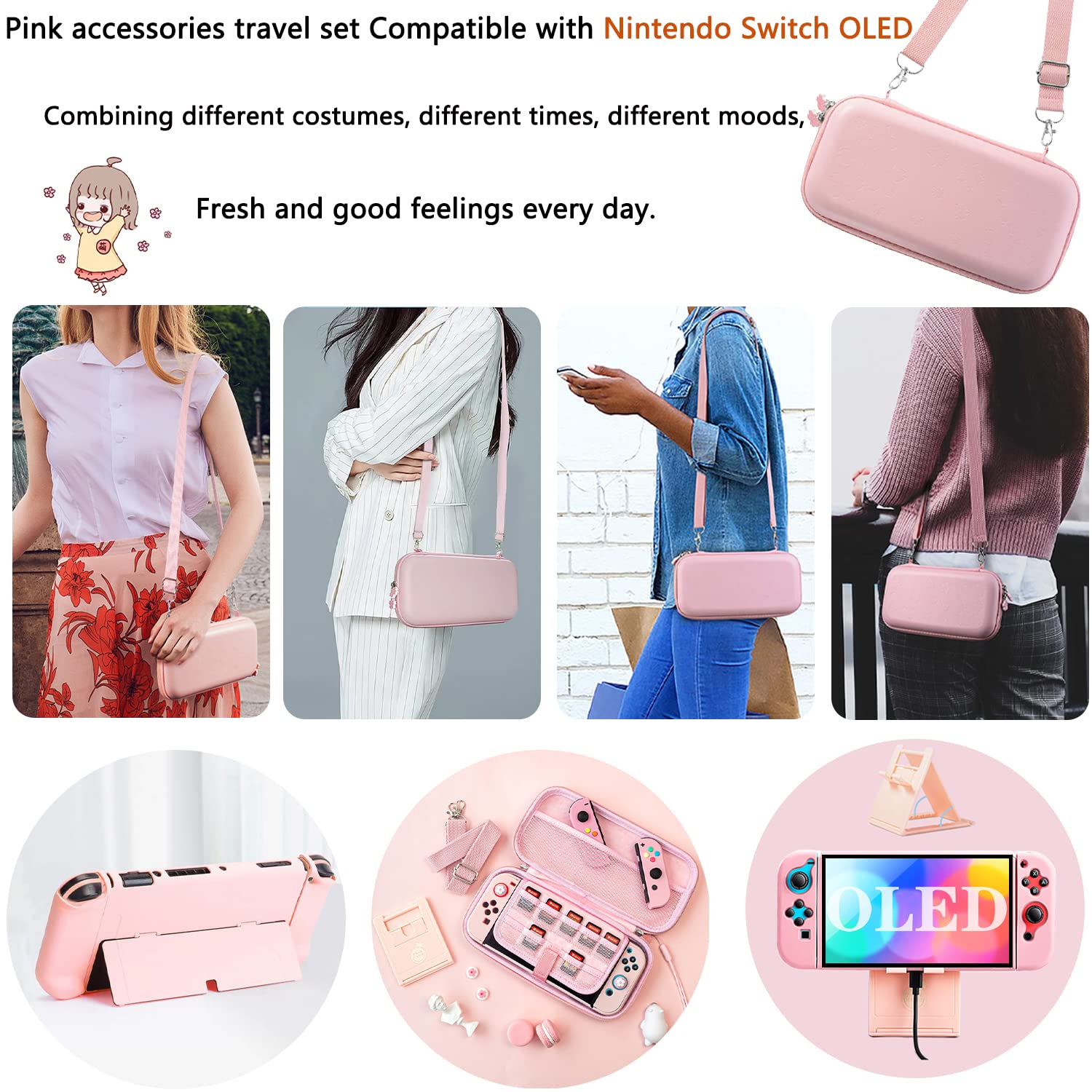 OLDZHU Pink Travel Carrying Case Accessories Kit Compatible with Nintendo Switch OLED 2021,10 in 1 Protection Kits with Hard Protective Cover,Glass Screen Protector,Adjustable Stand,Thumb Grip Caps