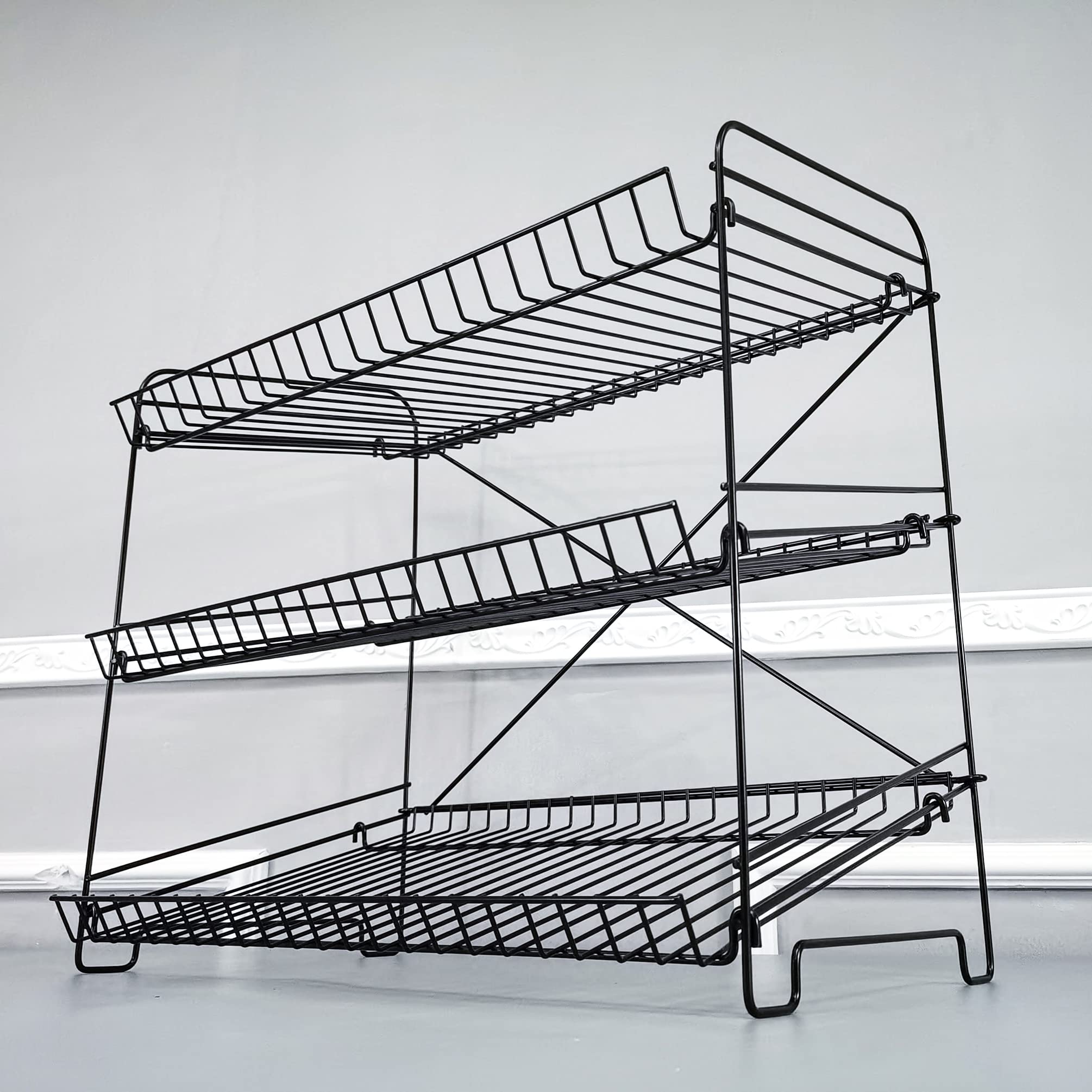 FixtureDisplaysÂŽ 24" Wide X 14.9" Deep X 23.2" Tall 3-Open-Shelf Wire Rack for Countertop Chips Snack Book Display Organizer Concession Theatre Kitchen Pantry Stand Black 19396-NEW-NF