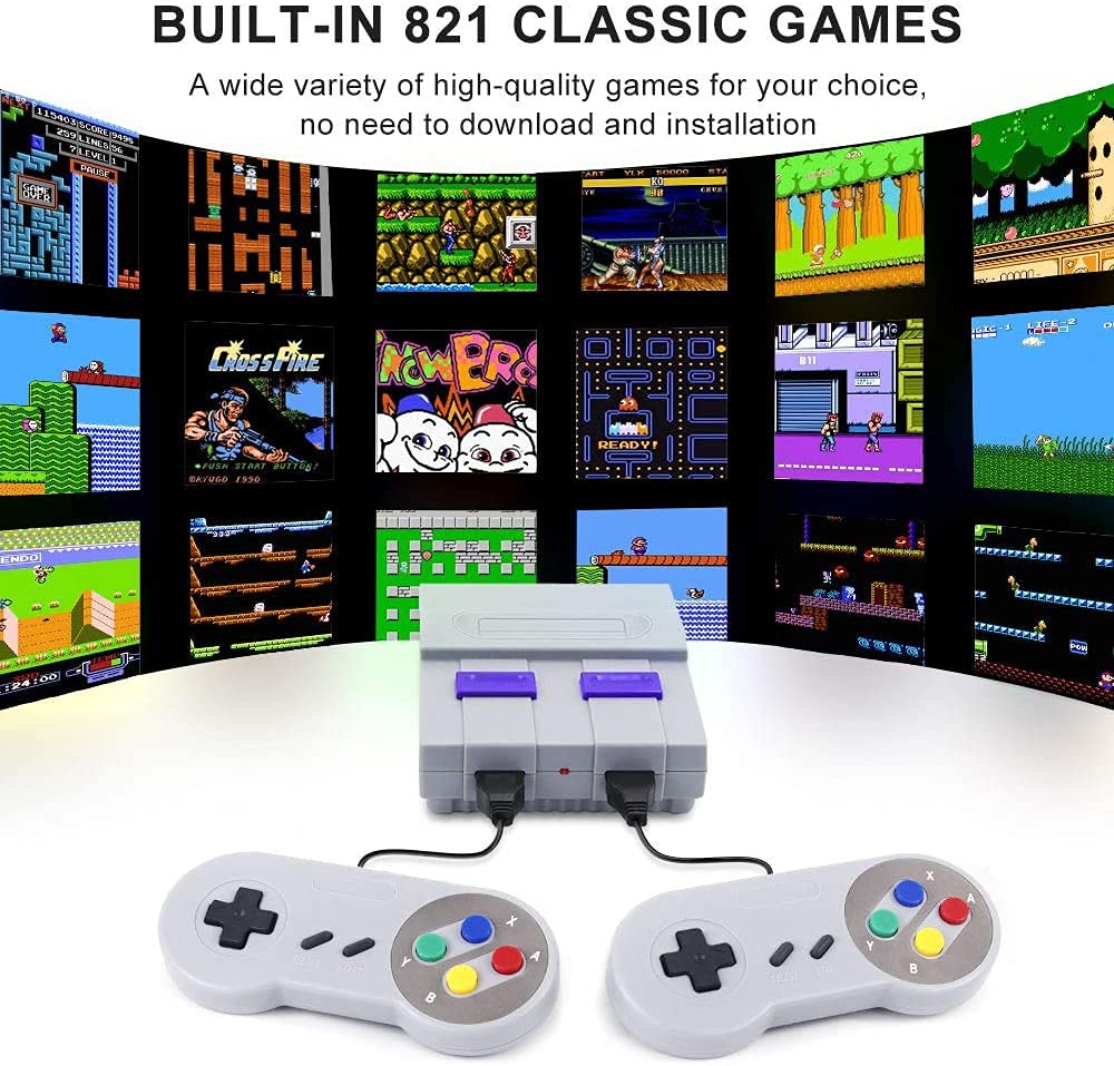 oliv Retro Game Console,Handheld Video Game Console Classic Built-in 821 Games with Controllers, Super Mini TV Classic Video Gaming Console HD Output Plug&Play Player for Kid, Adult Gift