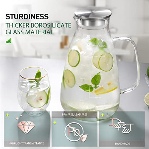 Glass Pitcher with Lid 1 Gallon, 113OZ Glass Water Pitcher with Precise Scale Line, WELLCHE 18/8 Stainless Steel Tea Pitcher 1 Gallon for Fridge, Easy to Clean Heat & Cold Resistant Borosilicate Glass