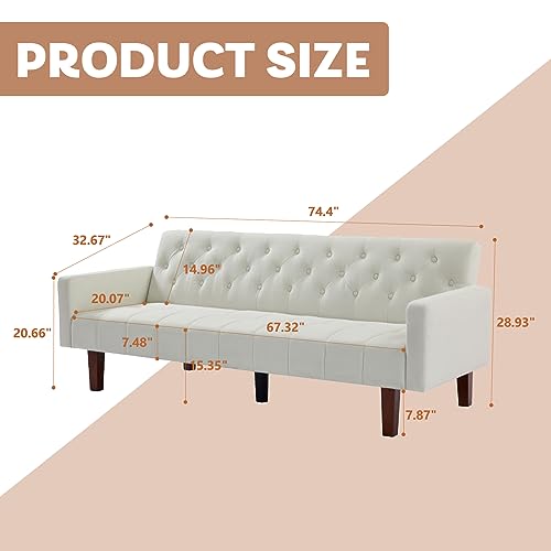 Fangflower Beige Tufted Back Sofa Bed Mid-Century Convertible Sleeper Futon with Tapered Wood Legs for Living Room Apartment Lounge