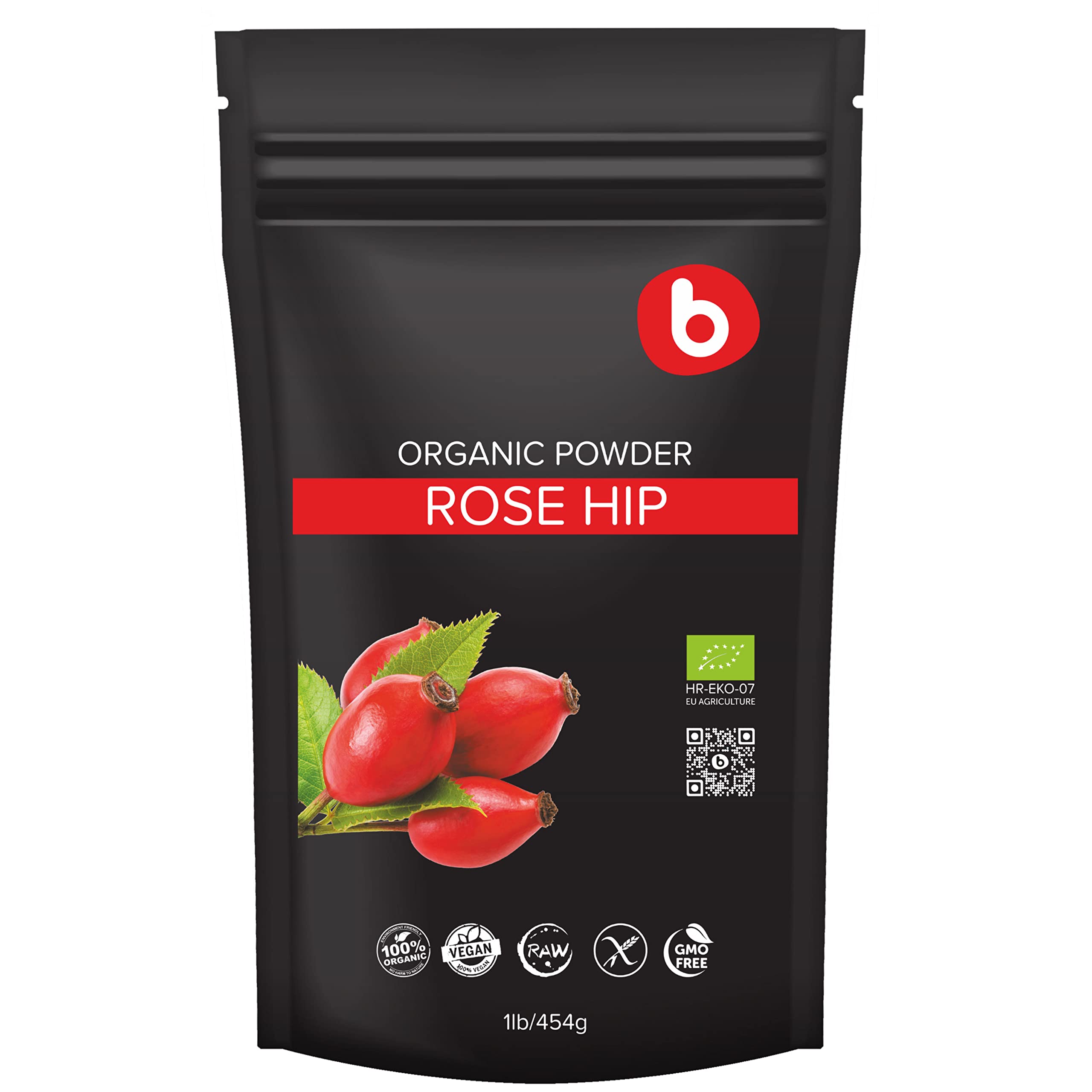 Bobica Organic Rose Hip Powder, Natural Vitamin C, Increases Cell Longevity and Elasticity, Moisturizes, 100% Pure, Non-GMO, Gluten-Free, 1lb