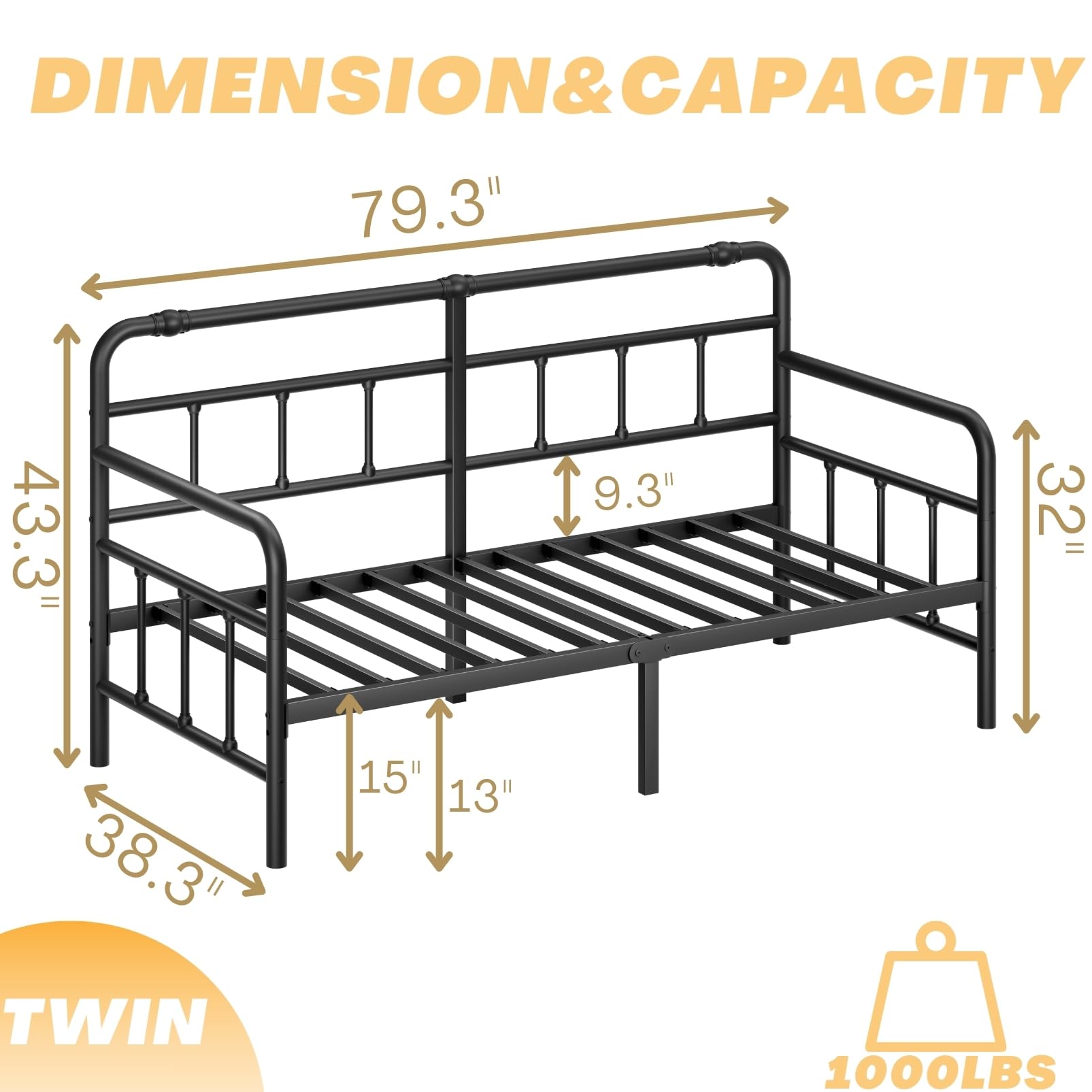 FDLOGW Twin Daybed Frame, Classic Day Bed Frame Twin Size with Headboard, Metal Platform Sofa Bed for Bedroom Living Room, Heavy Duty, Easy Assembly