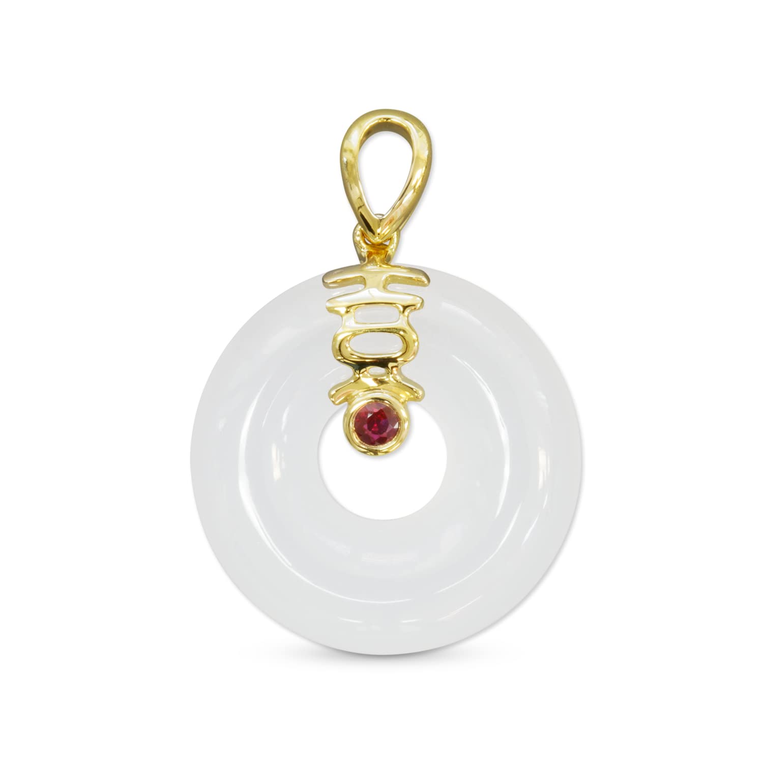 CHOW TAI FOOK Circle Heitian Jade Pendant with Rounded Ruby on 18K Yellow Gold Claws Prong
