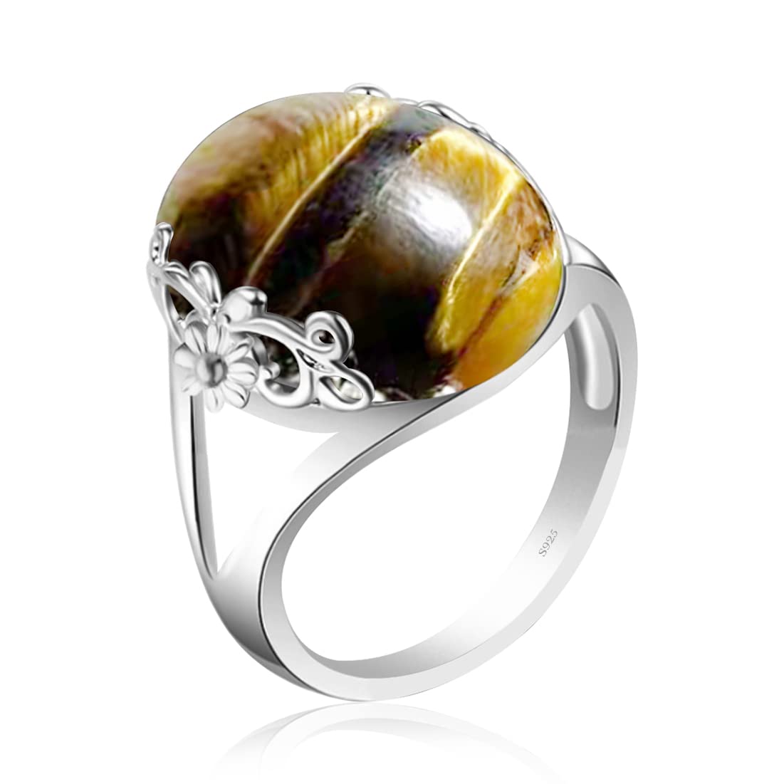 DALEGEM Natural Yellow Tigers Eye Stone Ring for Women,S925 Sterling Silver Edged with Flower Vine Ring Jewelry (Stone_Tiger Eye, 8)