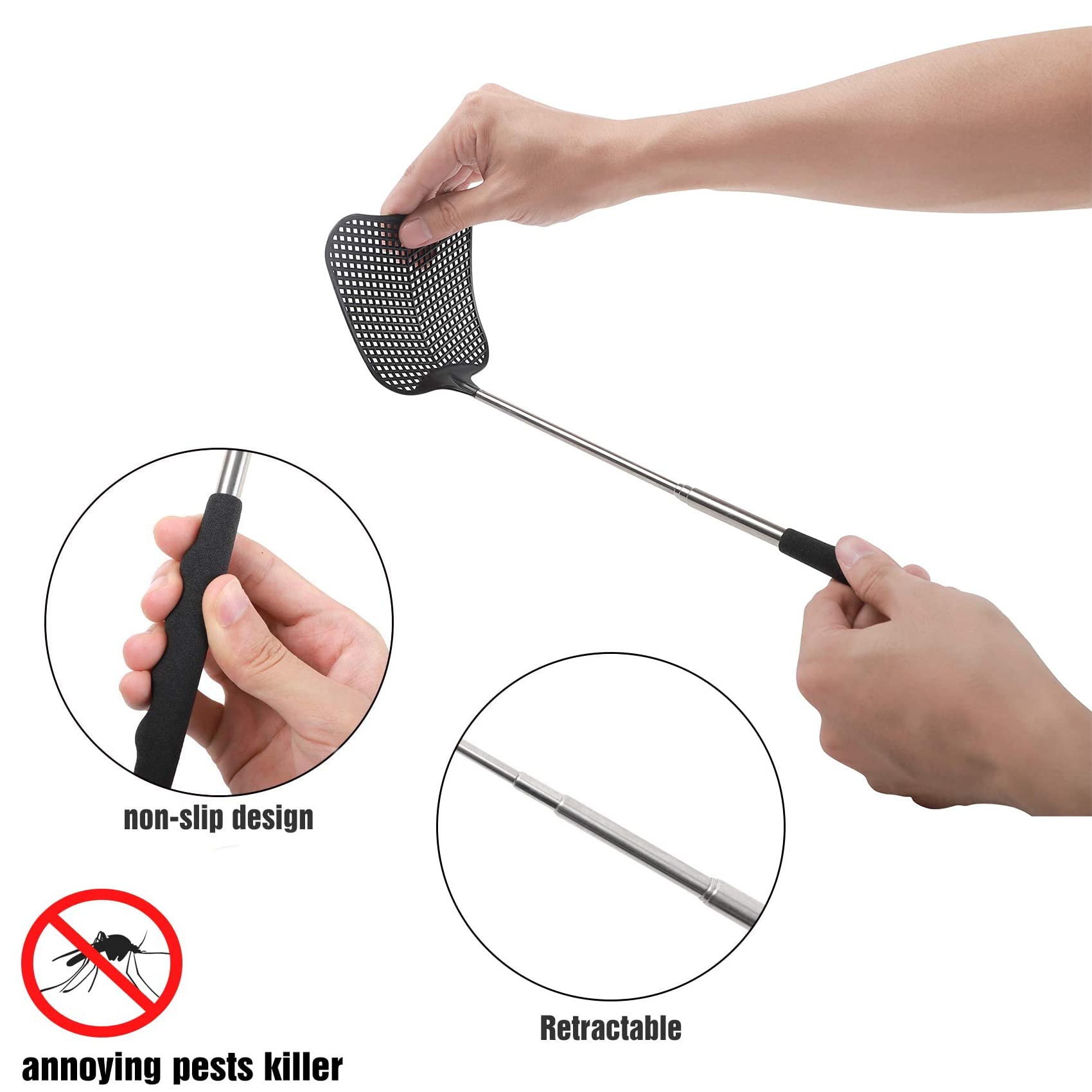 EasyULT 2 Pieces Fly Swatter, Extendable Fly Swatter Lightweight Manual Swat Pest Control, Adjustable Length 26 to 75 cm, Adjustable Stainless Steel Telescopic Handle(Blue + Black)