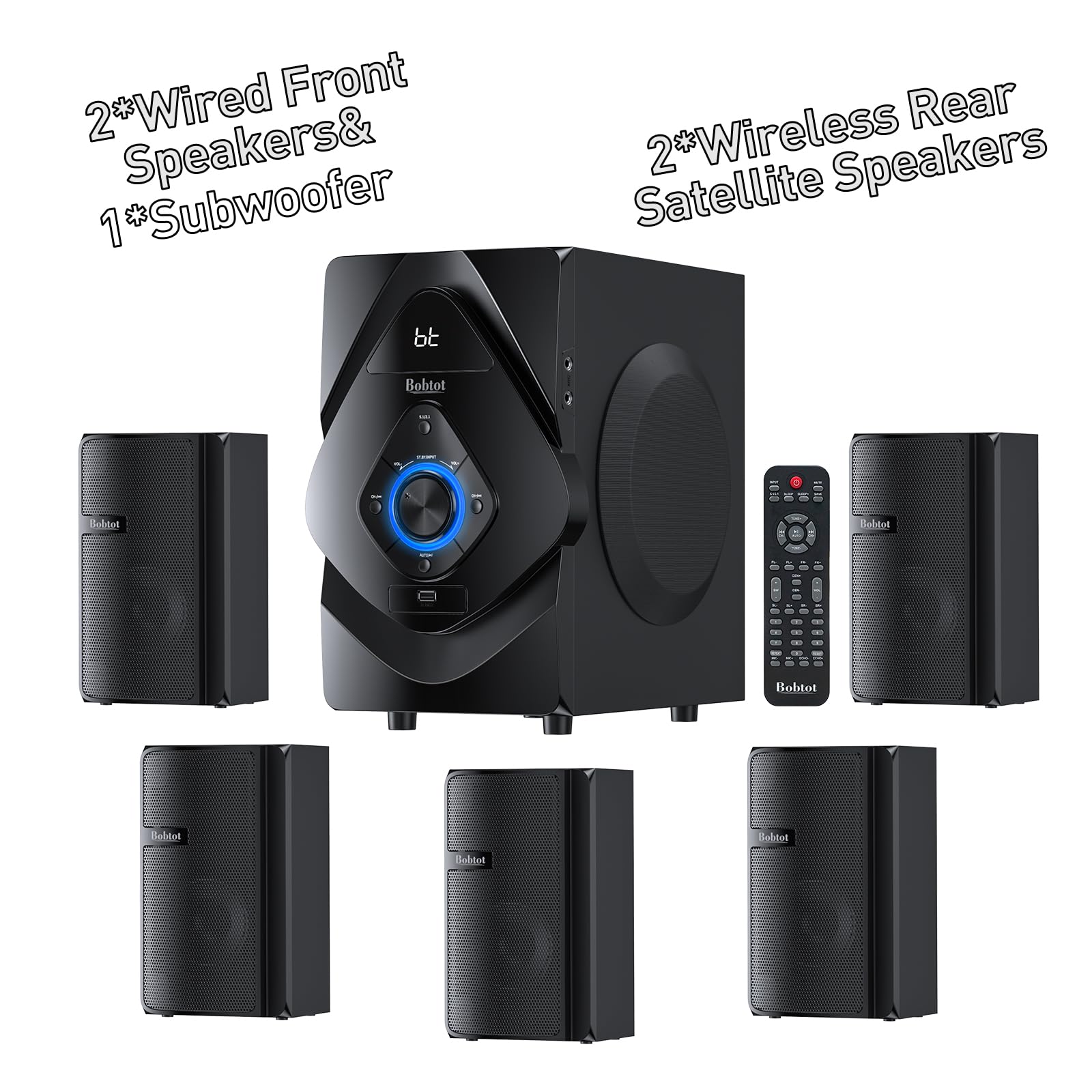 Bobtot Surround Sound Systems Wireless Rear Satellite Speakers - 5.1/2.1 Channel Home Theater Systems 800W 6.5inch Subwoofer with HDMI ARC Optical Bluetooth Input