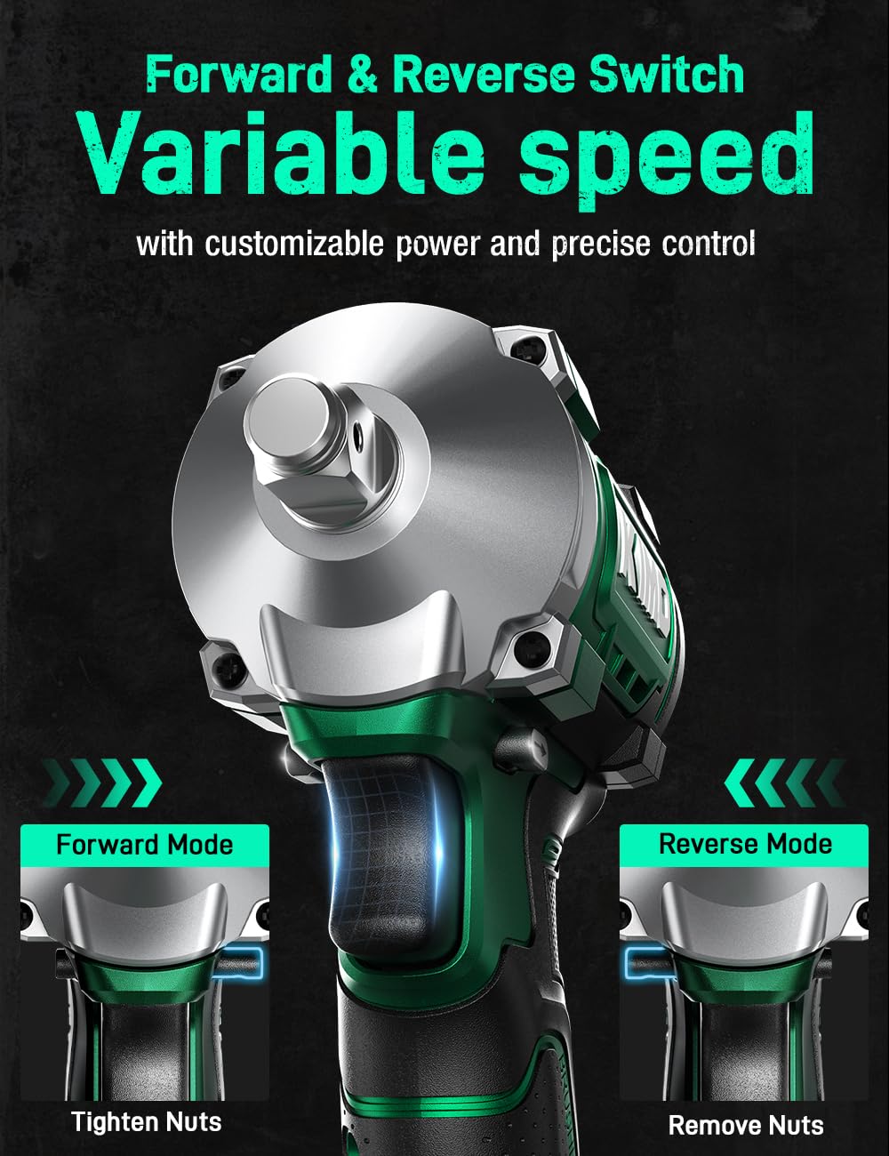 KIMO Impact Wrench 1/2 Inch with 814N.M/600ft-lbs Max Torque, 3 Mode Setting, 2 x 3000mAh Batteries, 3000 RPM, 1 Hour Fast Charger, 1/2 Impact Gun with Variable Speeds, 20V Impact Driver for Car Home