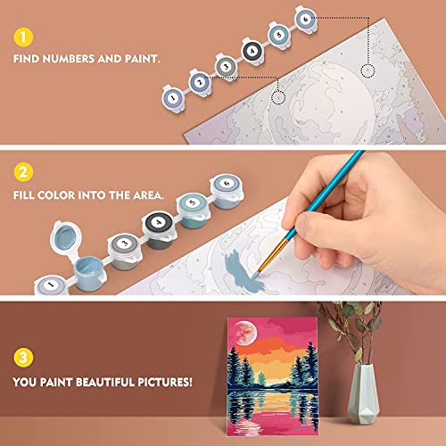 Magicfly 3 Pack Paint by Number for Adults Beginner, Moon Lake Landscape DIY Painting by Number Kit, Easy Acrylic Paint by Numbers on Canvas, 9x12 Inch, Include 10 Multi-Sized Brushes