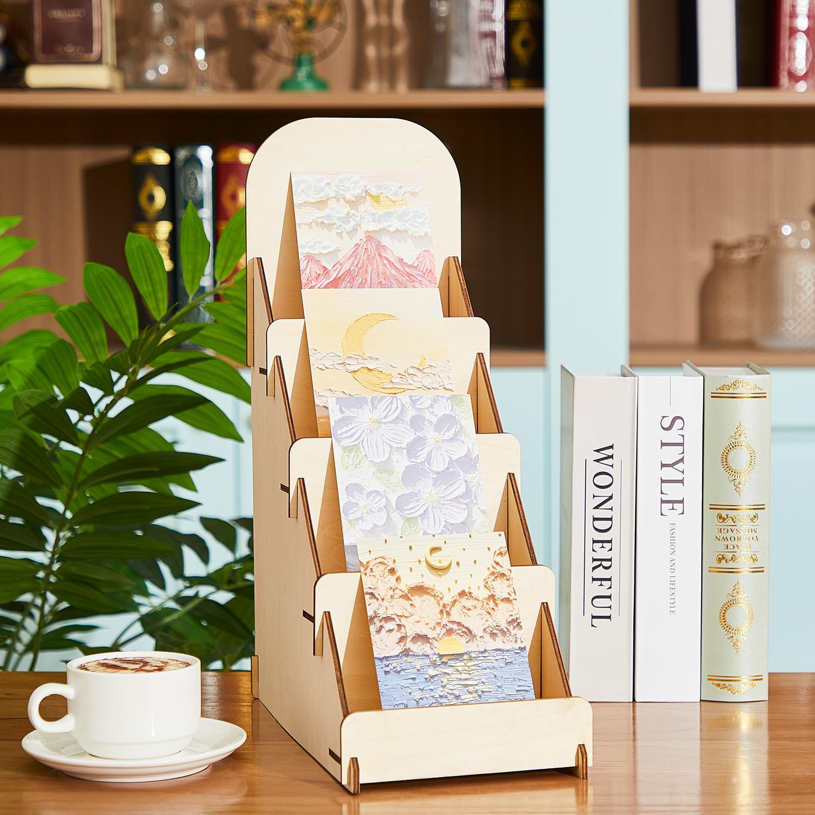 DoubleFill 4 Tier 4 Shelves Greeting Card Display Stand Sticker Display Stand Wood Portable Card Display Rack Multipurpose Greeting Card Holder Wooden Sticker Display Stand for Cards Stickers Photos