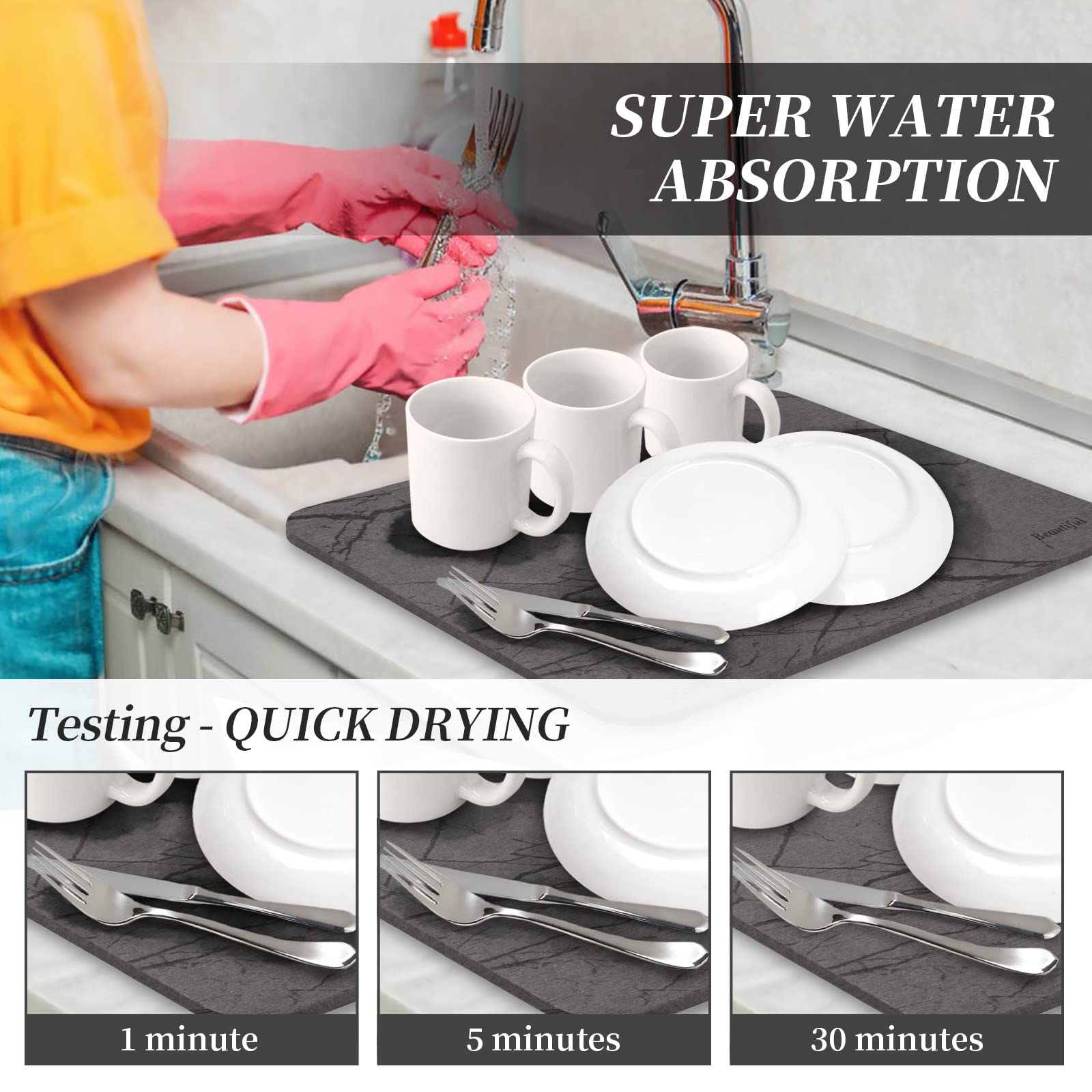 Drying Stone for Kitchen Counter, 16βx12β Diatomaceous Earth Tray, Fast Drying Stone Mat Kitchen, Water Absorbing Stone Tray for Kitchen Bathroom (Grey)