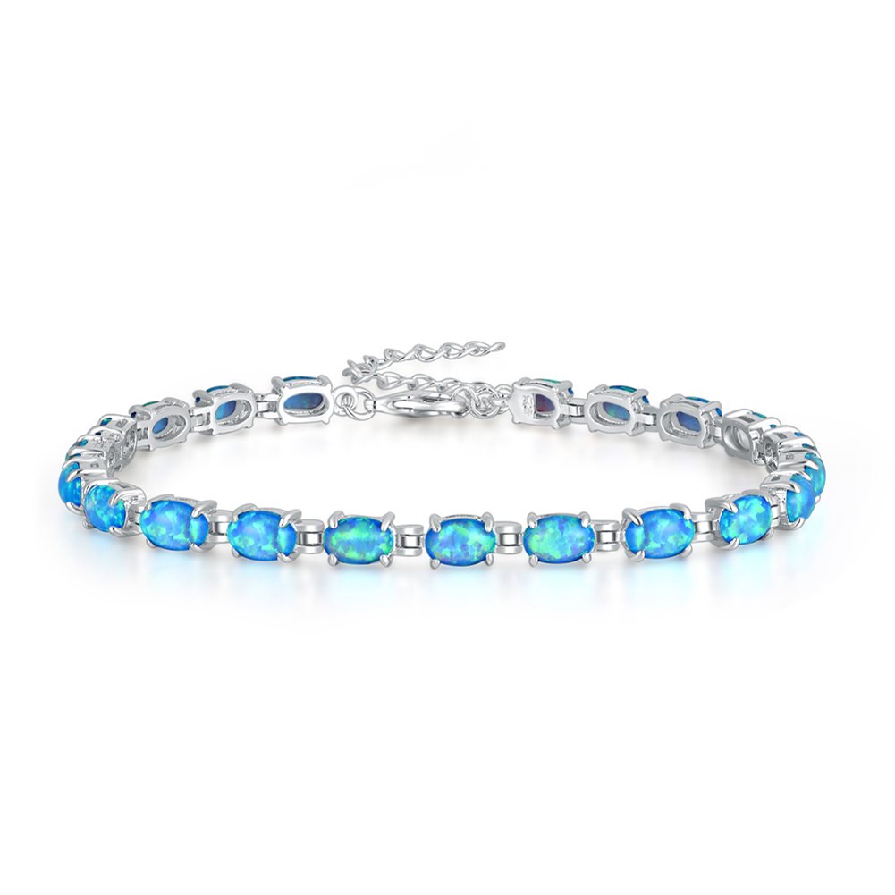 CiNily Blue Fire Opal Tennis Bracelet for Women 14K White Gold Plated Adjustable Oval Shape Gemstone Bracelet Opal Jewelry