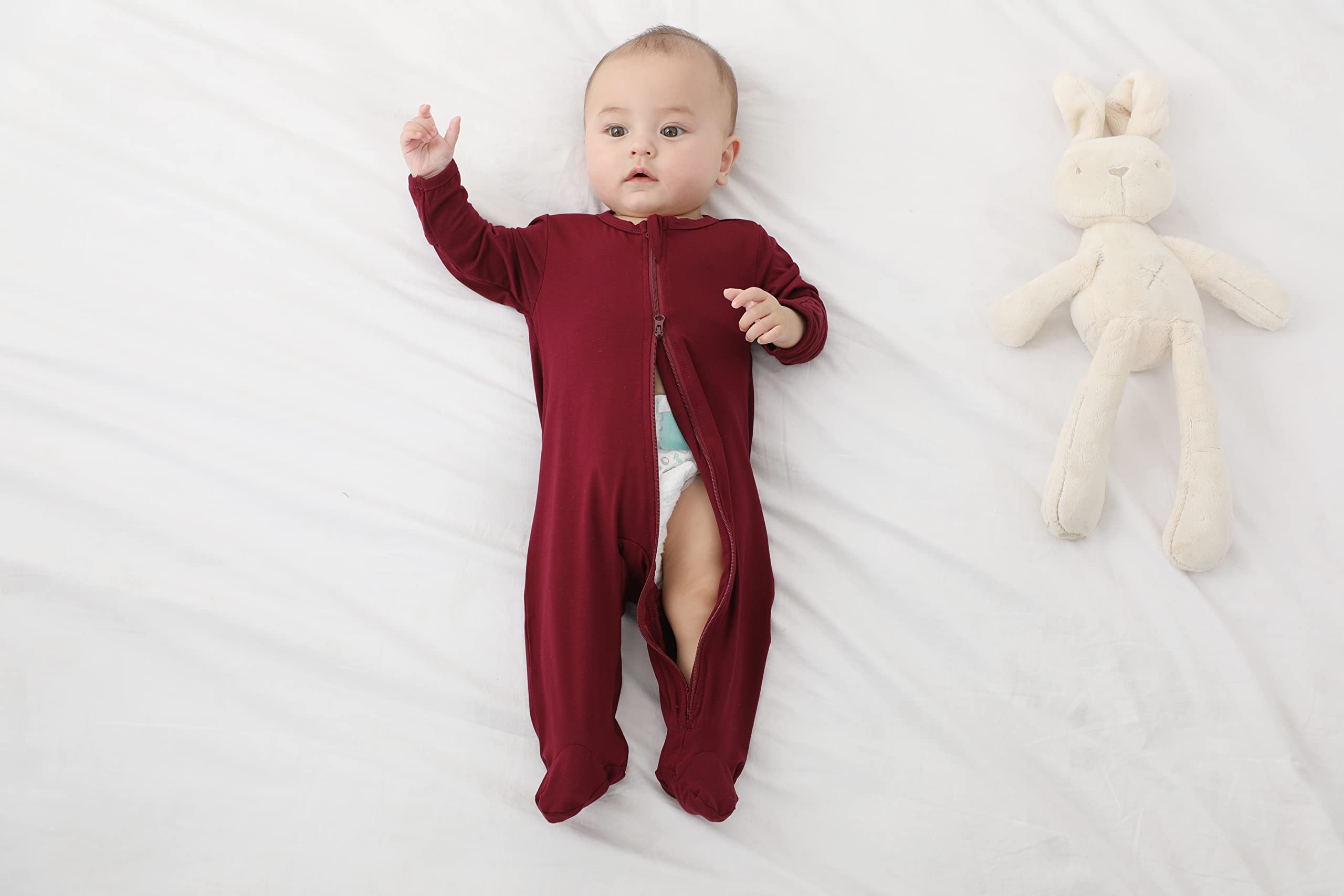 GUISBY Long Sleeve Sleepers Baby, Rayon Footed Pajamas Long Sleeve with Mitten Cuffs 3-6 Months Maroon