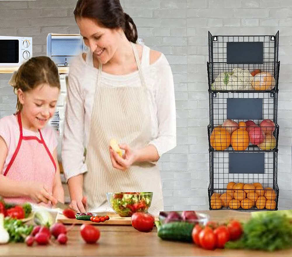 HRAYLTOP 3 Tier Wall Mounted Metal Wire Fruit Storage Basket, Hanging Kitchen Fruit Produce Storage Bins Organizer with S-Hooks and Adjustable Chalkboards, Multipurpose Bathroom Rack/Stand(Black)